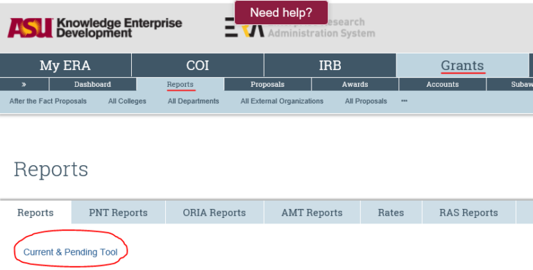 Current and pending tool - Research Administration